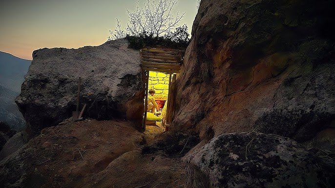 Cozy and comfortable stone shelter between two rocks in the rain ...